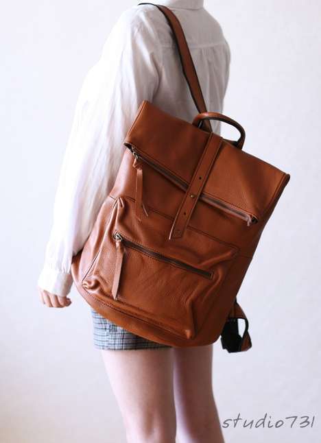 Expandable Leather Napsacks : Square Shape Leather Backpack
