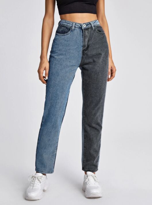 Two-Toned Straight Leg Jeans : High Waist Two Tone Straight Leg Jeans